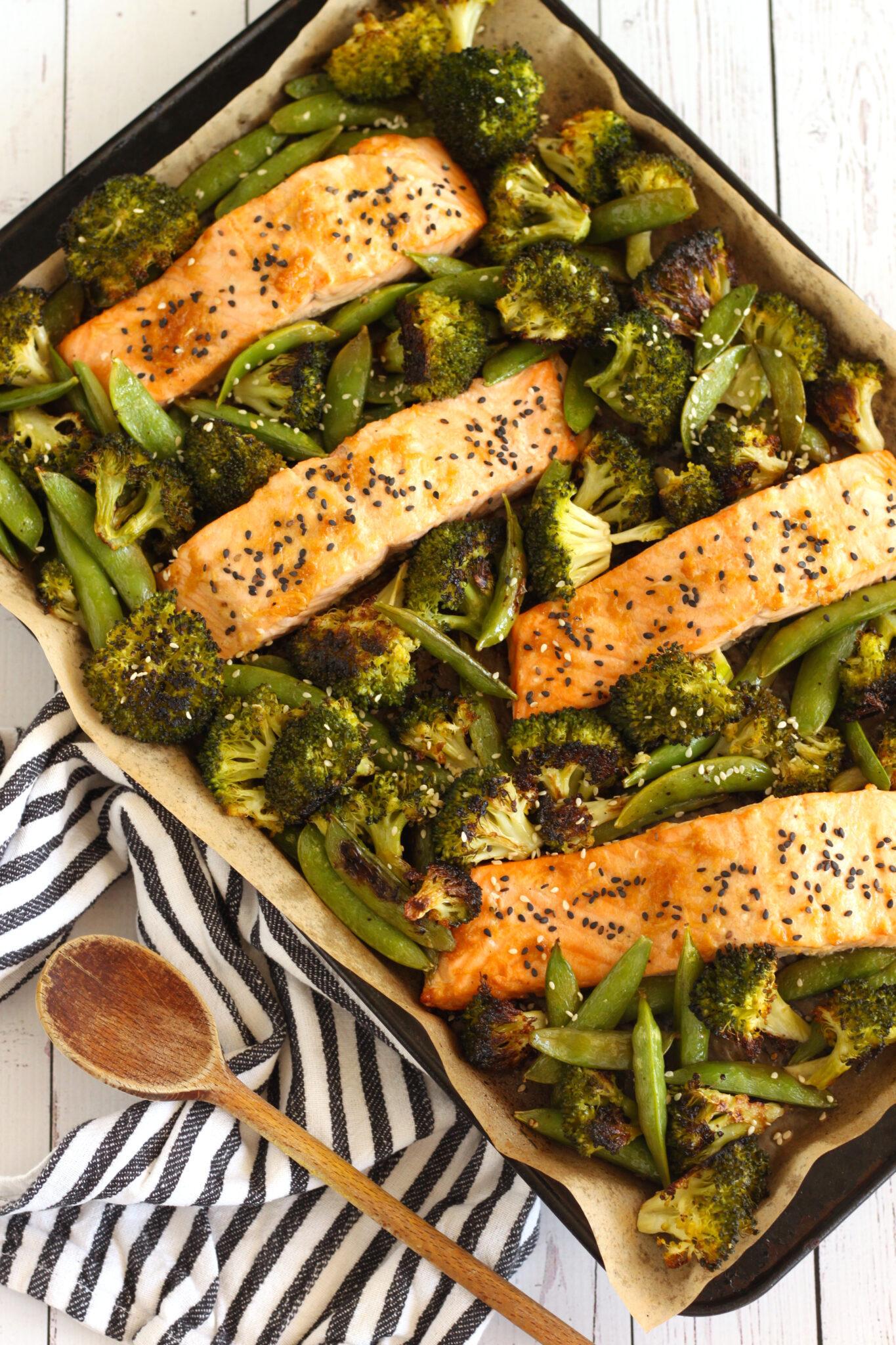 Sheet pan sesame ginger salmon with broccoli and sugar snap peas recipe ...